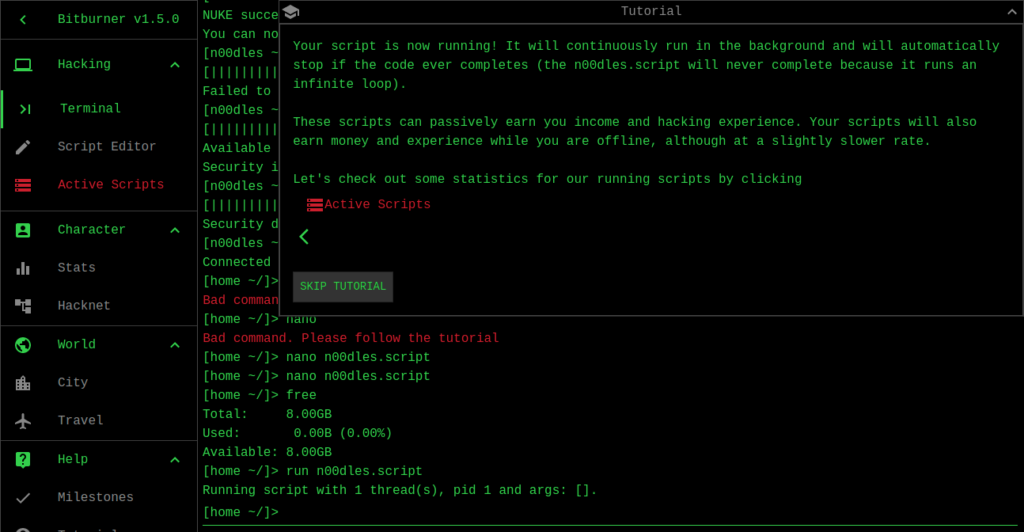 【チュートリアル攻略】ハッカー体験ゲーム【Bitburner】で、スクリプトを実行しよう！